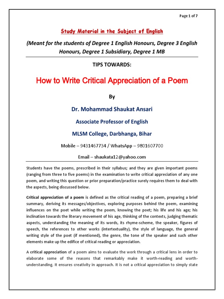 Study Tips for Critically Analyzing Poems | PDF | Poetry | Genre