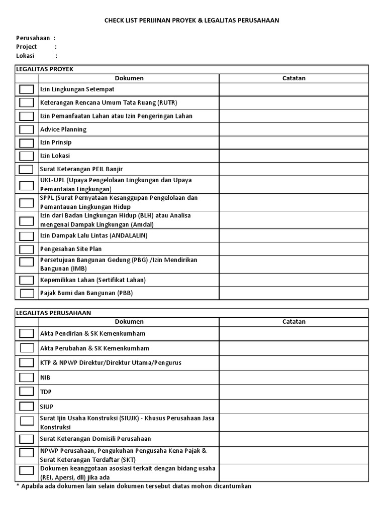 Check List Legalitas Proyek & Perusahaan | PDF