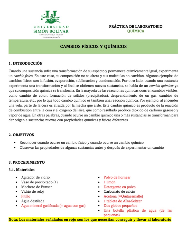 Cambios Físicos y Químicos en Química | PDF | Agua | Sustancias químicas