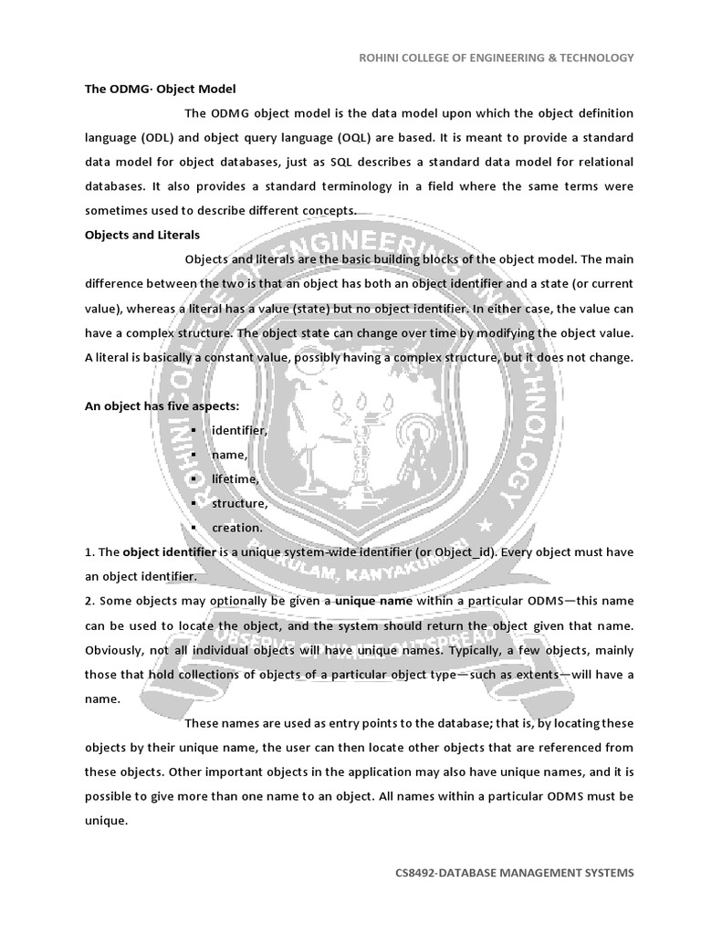 The ODMG Object Model: Rohini College of Engineering & Technology | Download Free PDF | Object ...