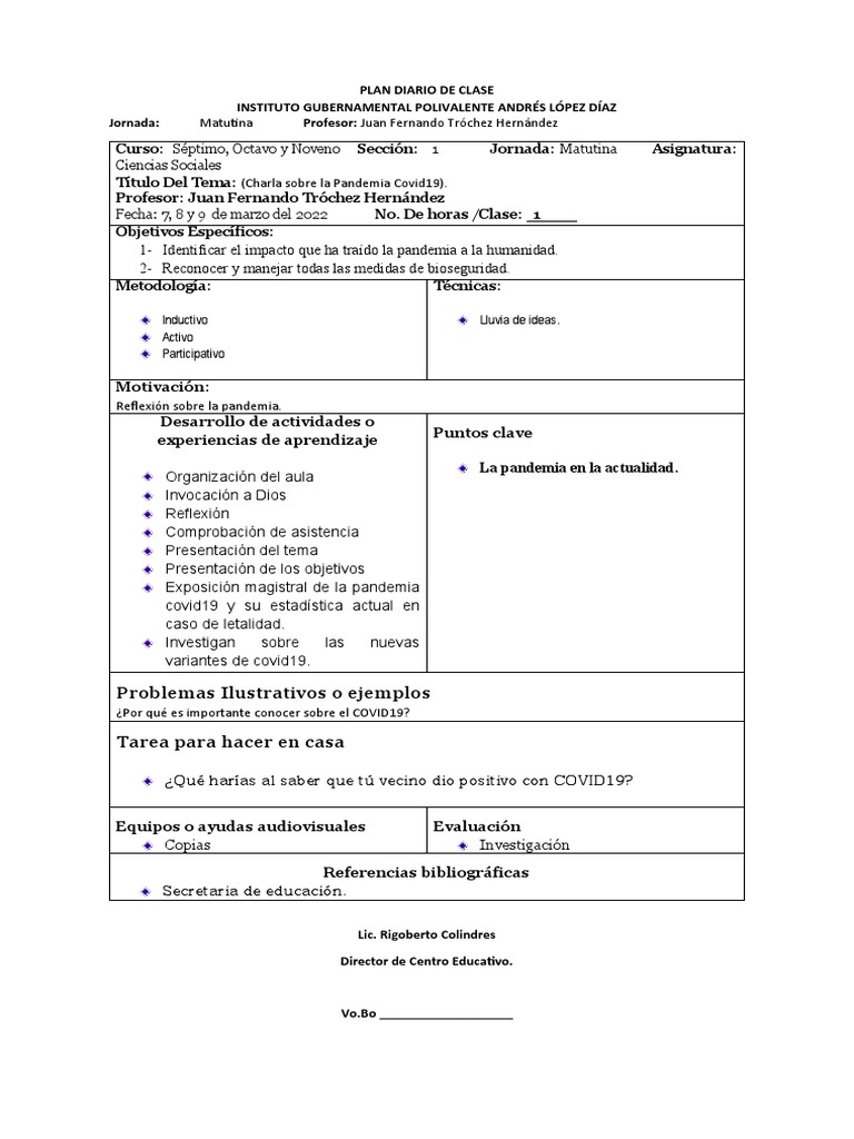 PLAN DIARIO DE CLASE Imprimir | PDF