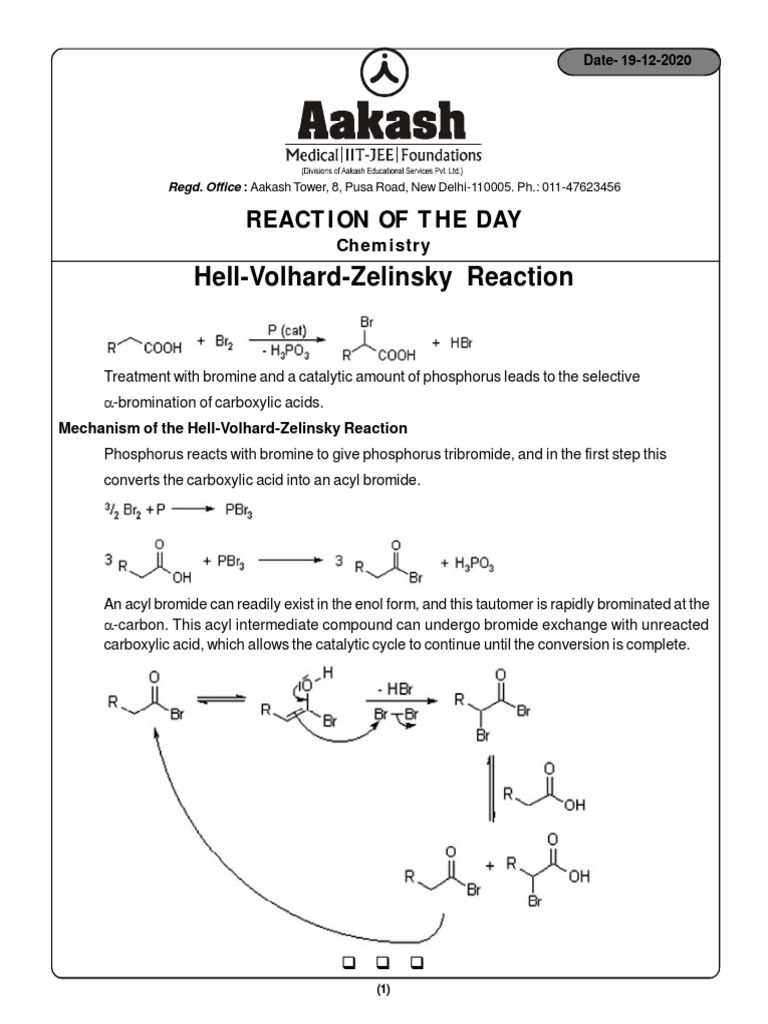 Hell-Volhard-Zelinsky Reaction: Reaction of The Day | PDF