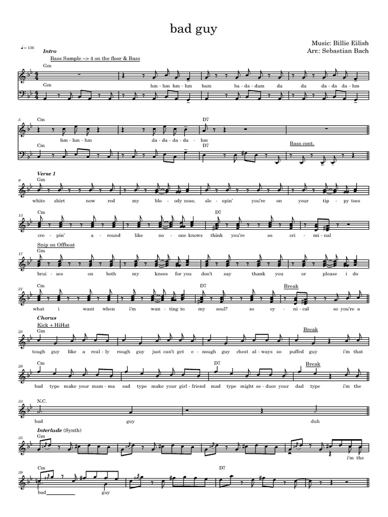 Bad Guy: Music: Billie Eilish Arr.: Sebastian Bach | PDF