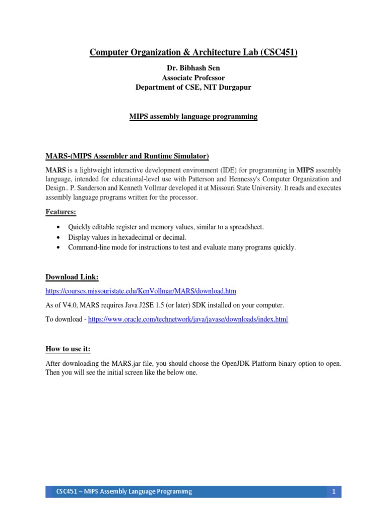 Computer Organization & Architecture Lab (CSC451) : Dr. Bibhash Sen Associate Professor ...