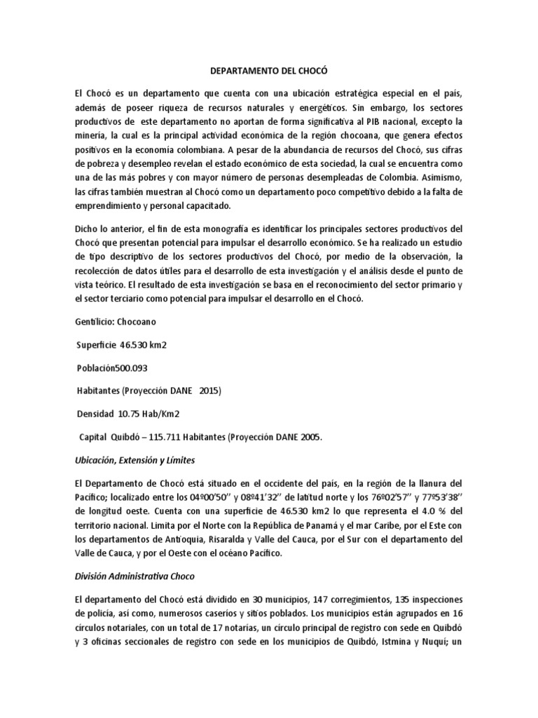 Trabajo Departamento Del Choco | PDF | Pobreza | Pobreza e indigencia