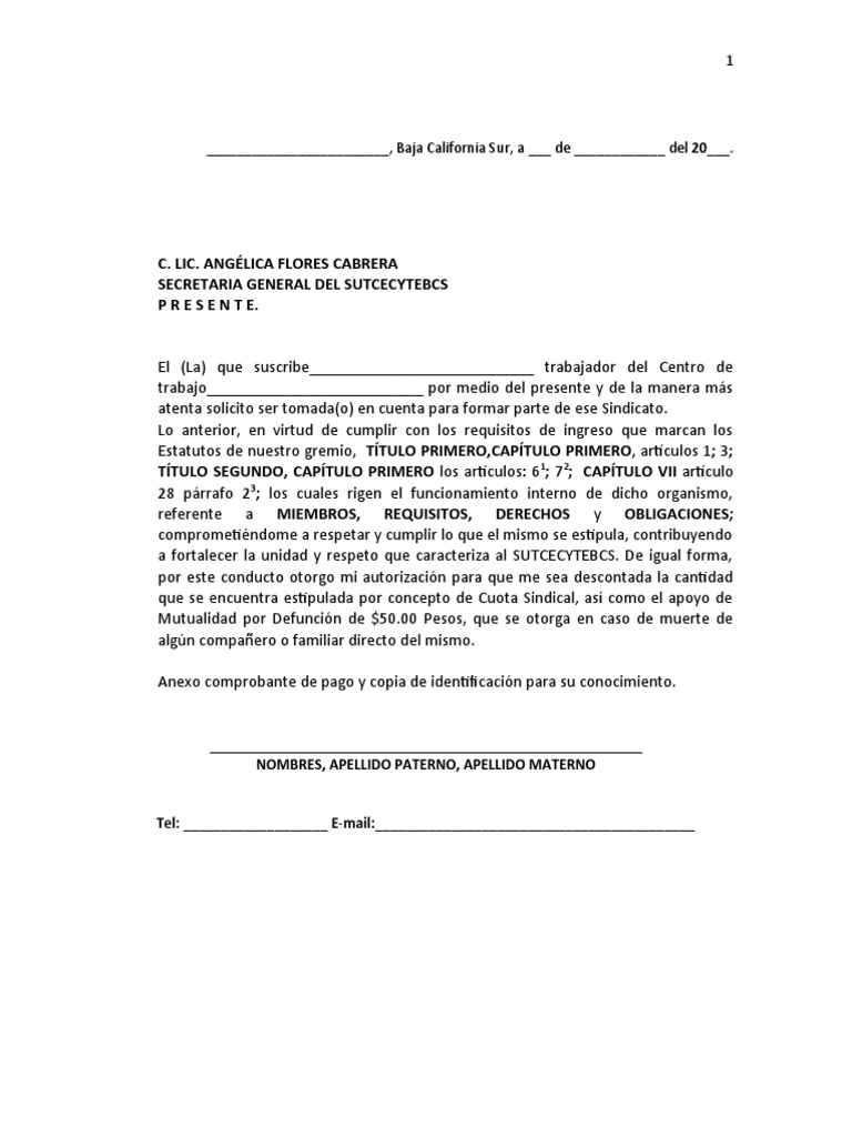 Formato de Solicitud de Ingreso Al Sindicato Ref. 03-2018 ORIGINAL 2021 | PDF