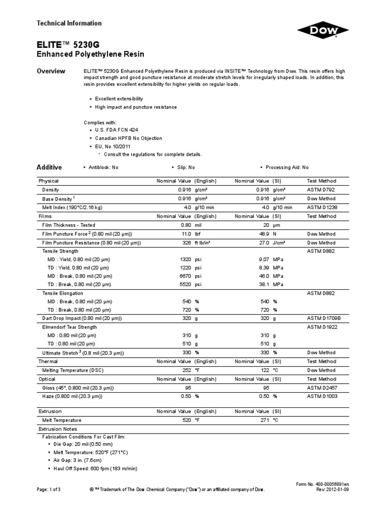 ELITE™ 5230G: Enhanced Polyethylene Resin | PDF | Dow Chemical Company ...