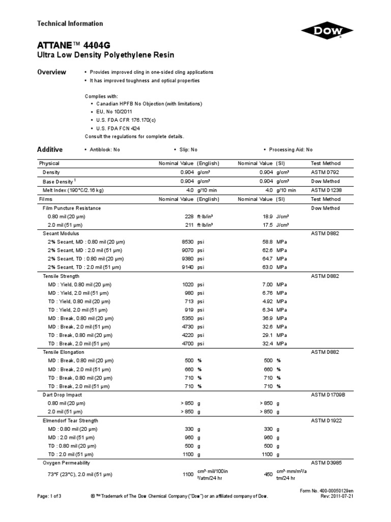 ATTANE™ 4404G: Ultra Low Density Polyethylene Resin | PDF | Dow ...