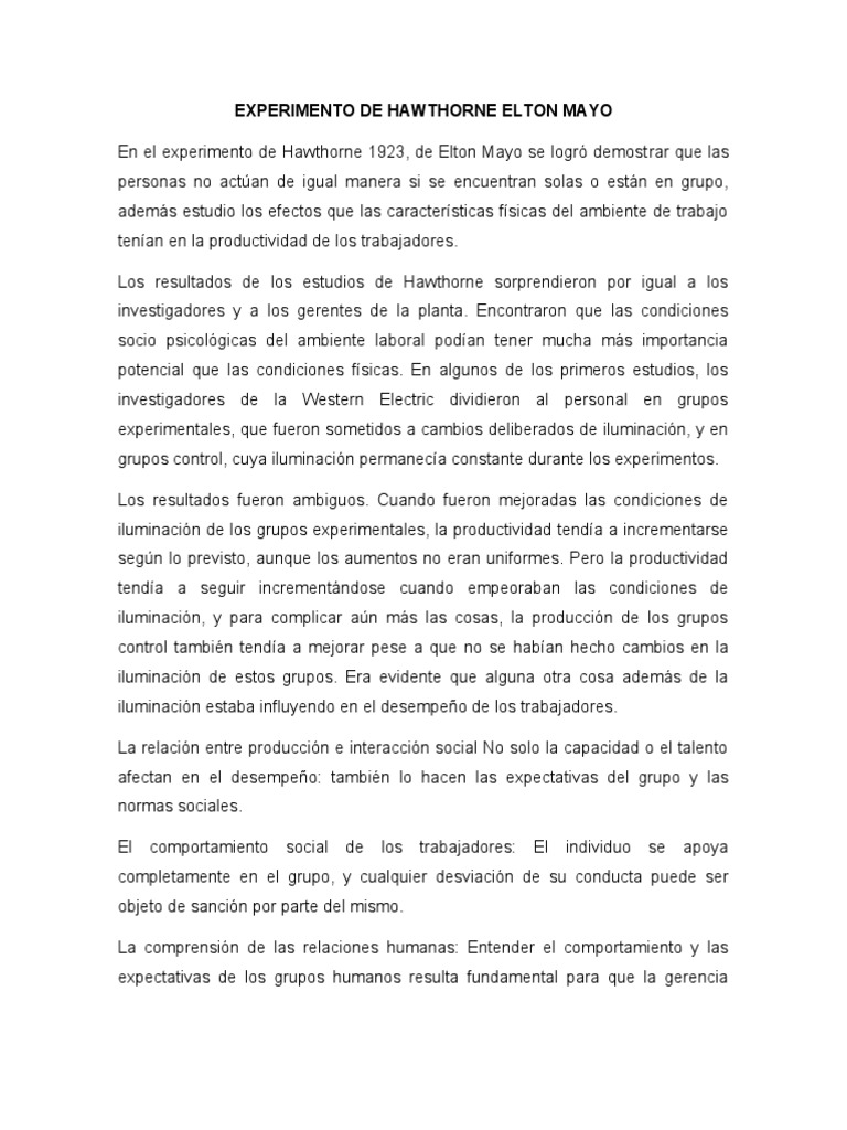 Experimento de Hawthorne Elton Mayo | PDF | Experimentar | Comportamiento