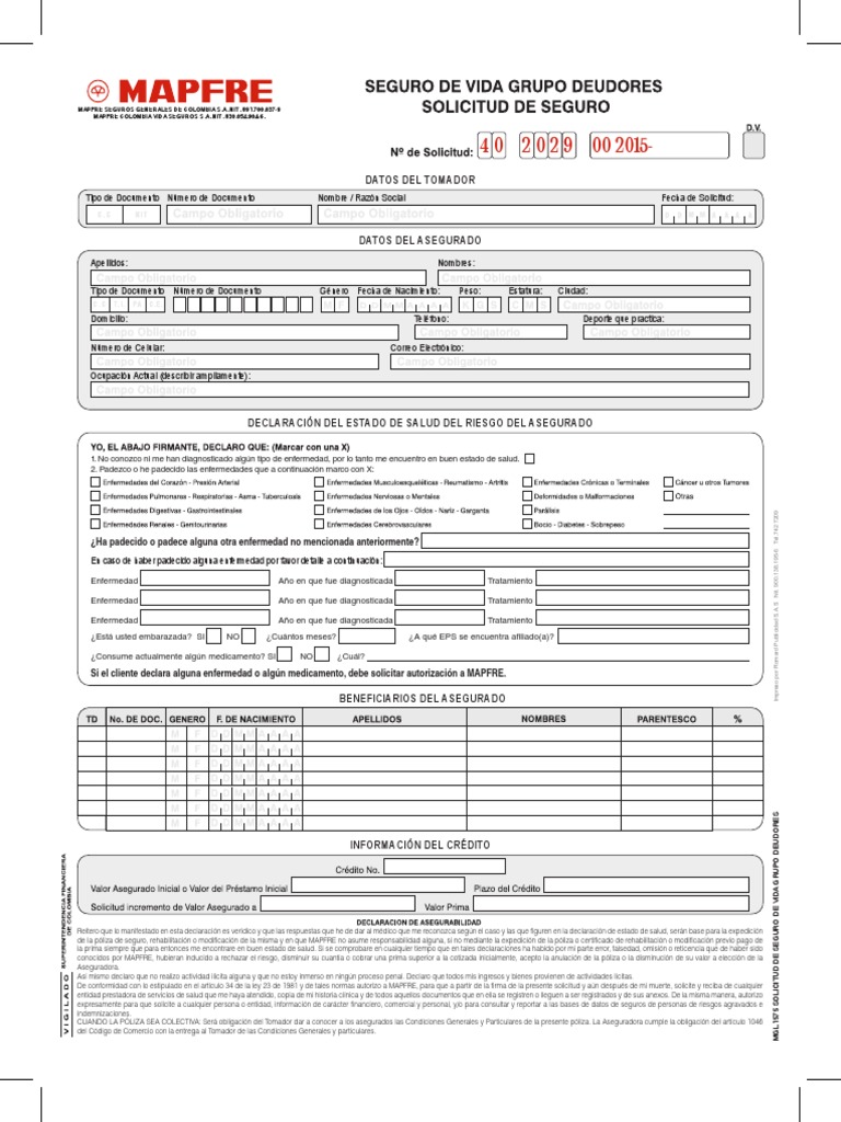 Formato Asegurabilidad Mapfre Vida Deudores | PDF | Póliza de seguros