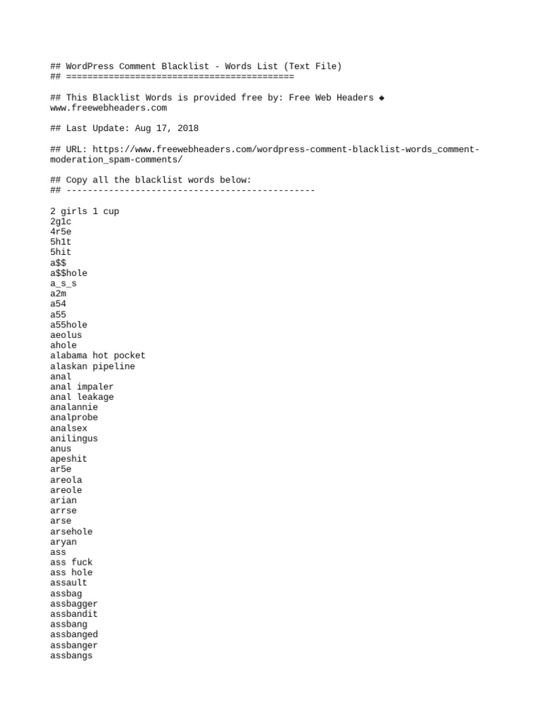 Wordpress Comment Blacklist Words List - Text File - 2021 01 19 | PDF ...