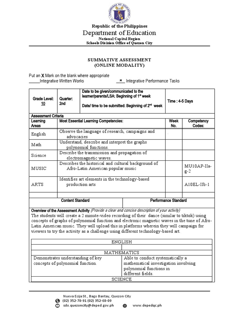 INTEGRATIVE ASSESSMENT GRADE 10 English Science Math TLE and MAPEH For ...