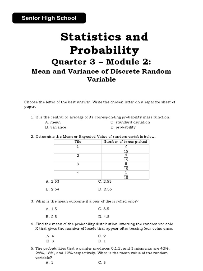 Statistics - Probability - Q3 - Mod2 - Mean and Variance of Discrete ...