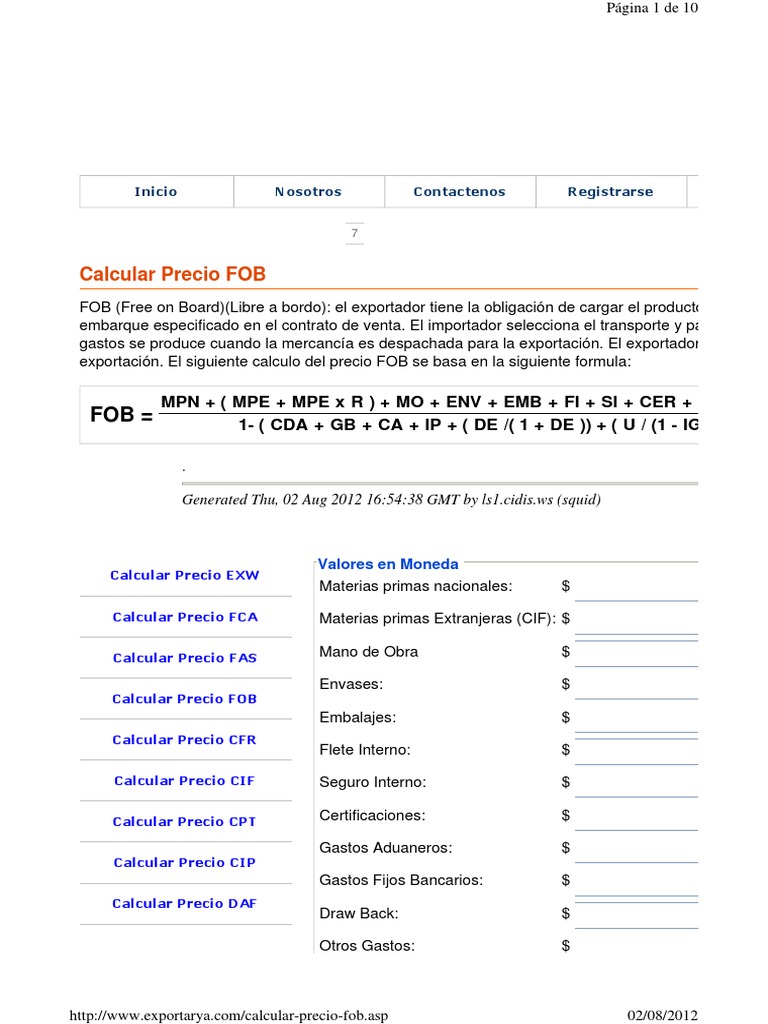 Cálculo Del FOB | PDF | aduana | Gestión de la cadena de suministro