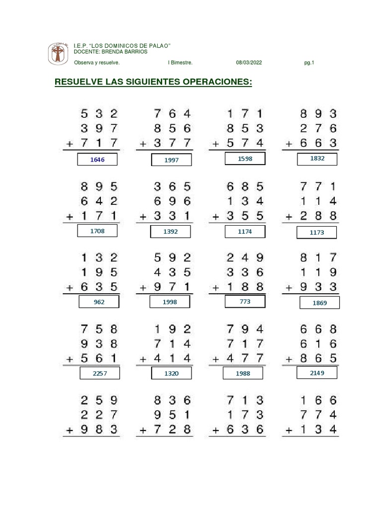 Aritmetica 4to Grado-Operaciones Basicas 2-2022 | PDF
