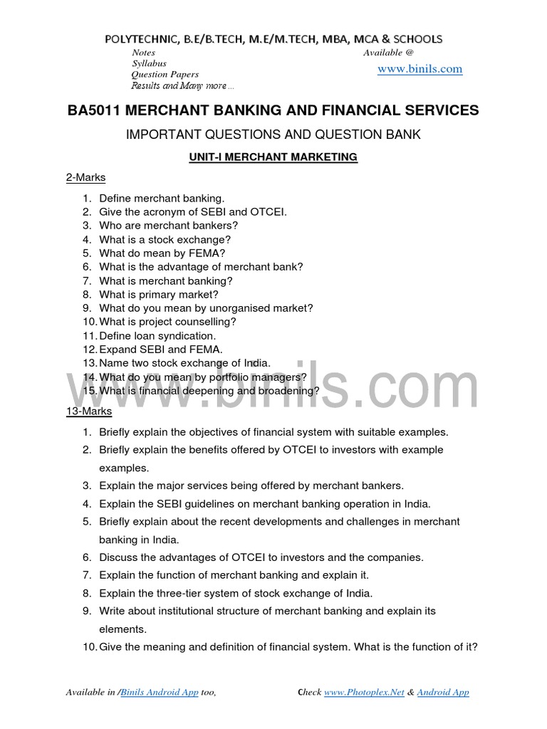 Ba5011 Merchant Banking and Financial Services Reg 17 Question Bank ...