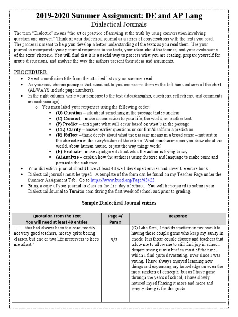 2019-2020 Summer Assignment: DE and AP Lang: Dialectical Journals | PDF ...