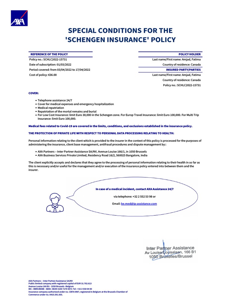Special Conditions For The 'Schengen Insurance' Policy | PDF ...