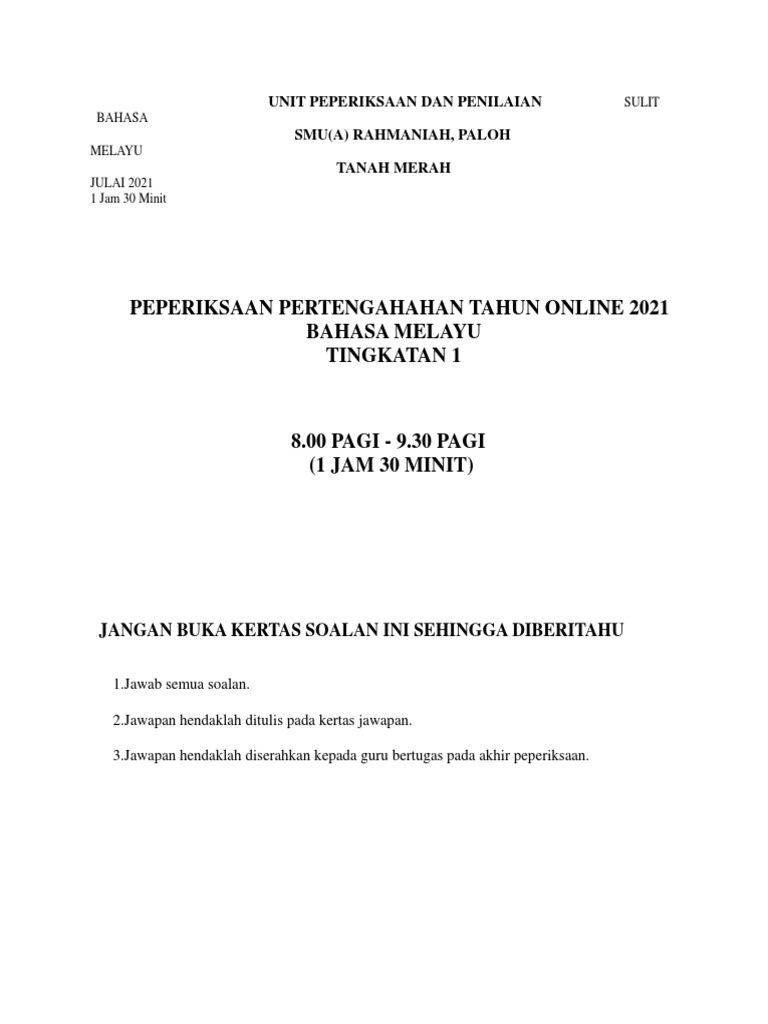Soalan BM Tingkatan 1-1 | PDF
