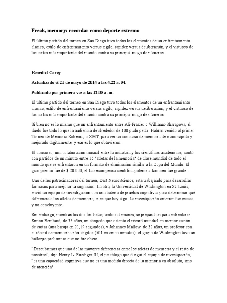 Benedict Carey - Freak Memory: Recordar Como Deporte Extremo | PDF ...