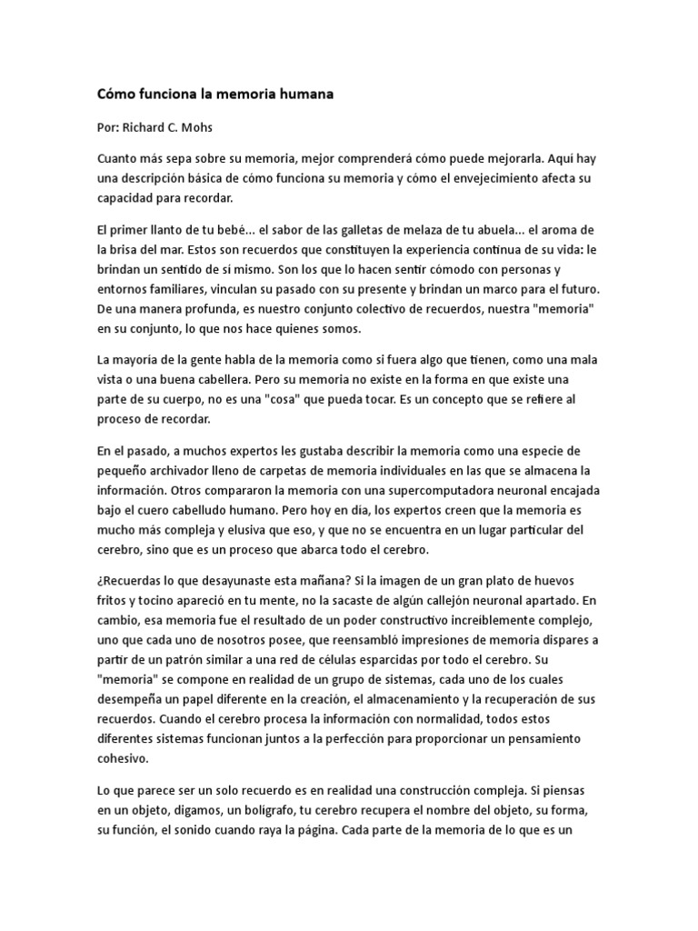 Cómo Funciona La Memoria Humana Richard C Mohs Pdf Memoria Cerebro