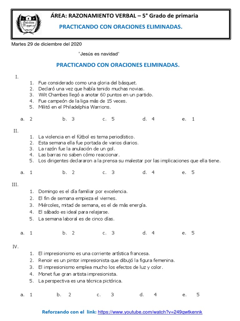 R.V. 5° Grado Practicando Con Oraciones Eliminadas 29-12 | PDF | Impresionismo