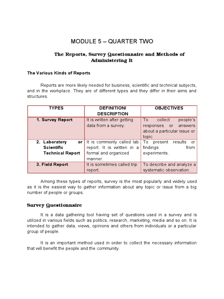 Module 5 - Quarter Two: The Reports, Survey Questionnaire and Methods ...