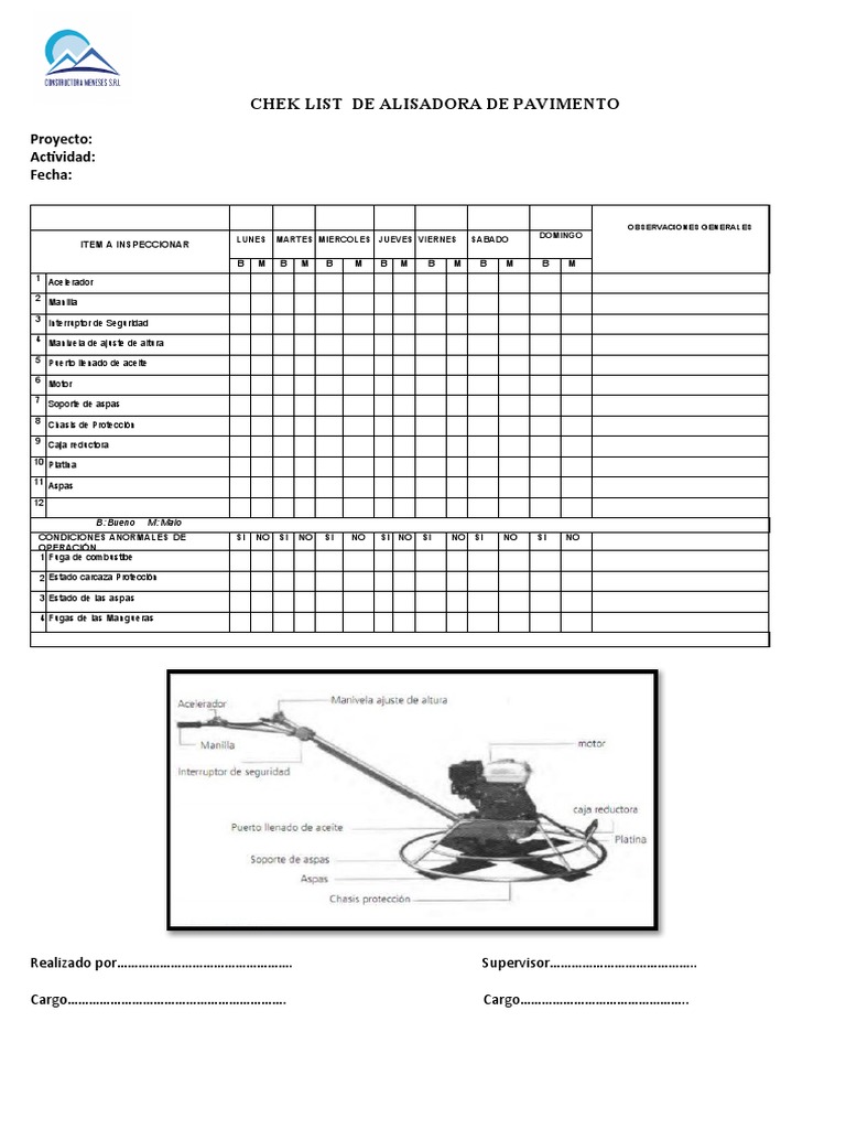 Check List de Alisadora de Pavimento | PDF