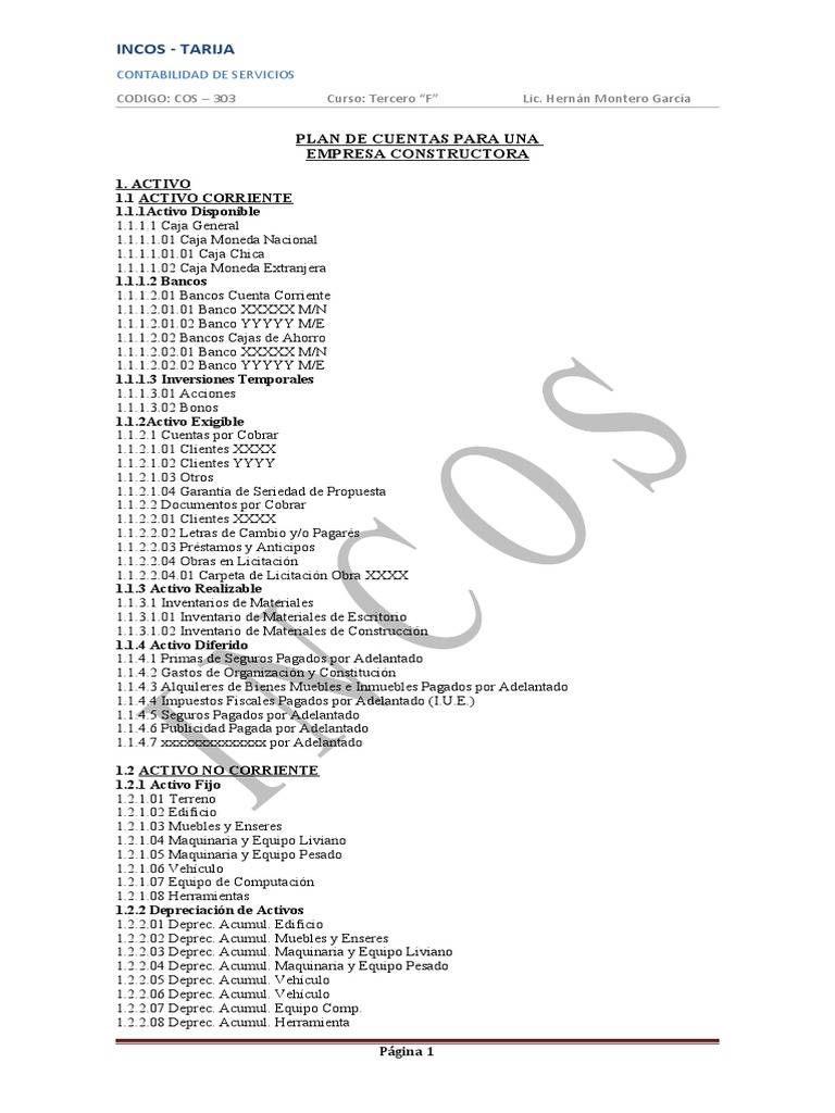 Plan de Cuentas Emp. Constructora | PDF | Bancos | Activo fijo