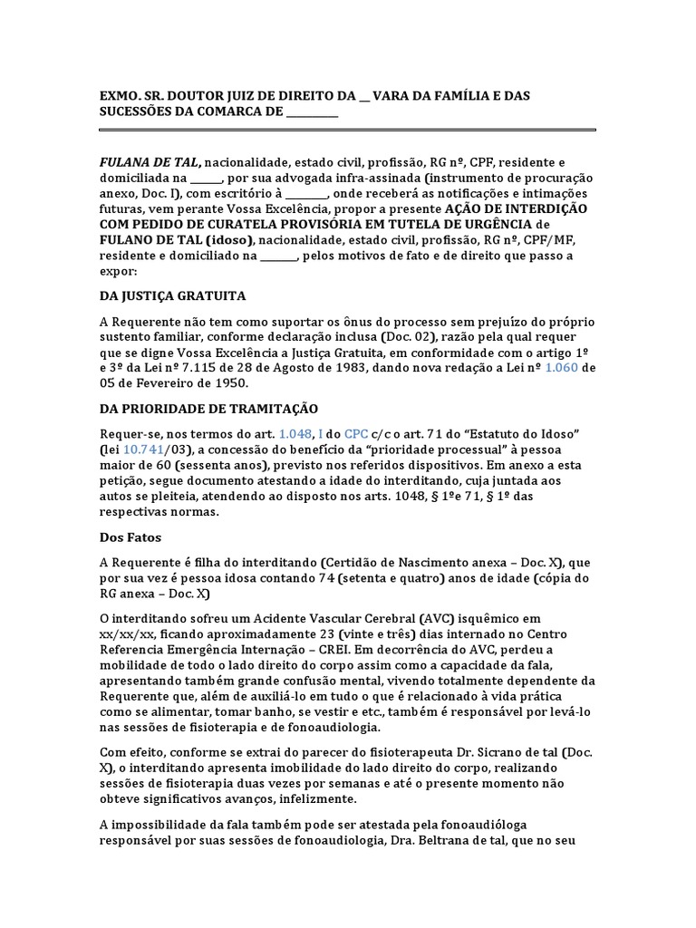 Modelo Acao de Interdicao Com Pedido de Curatela Provisoria em Tutela ...