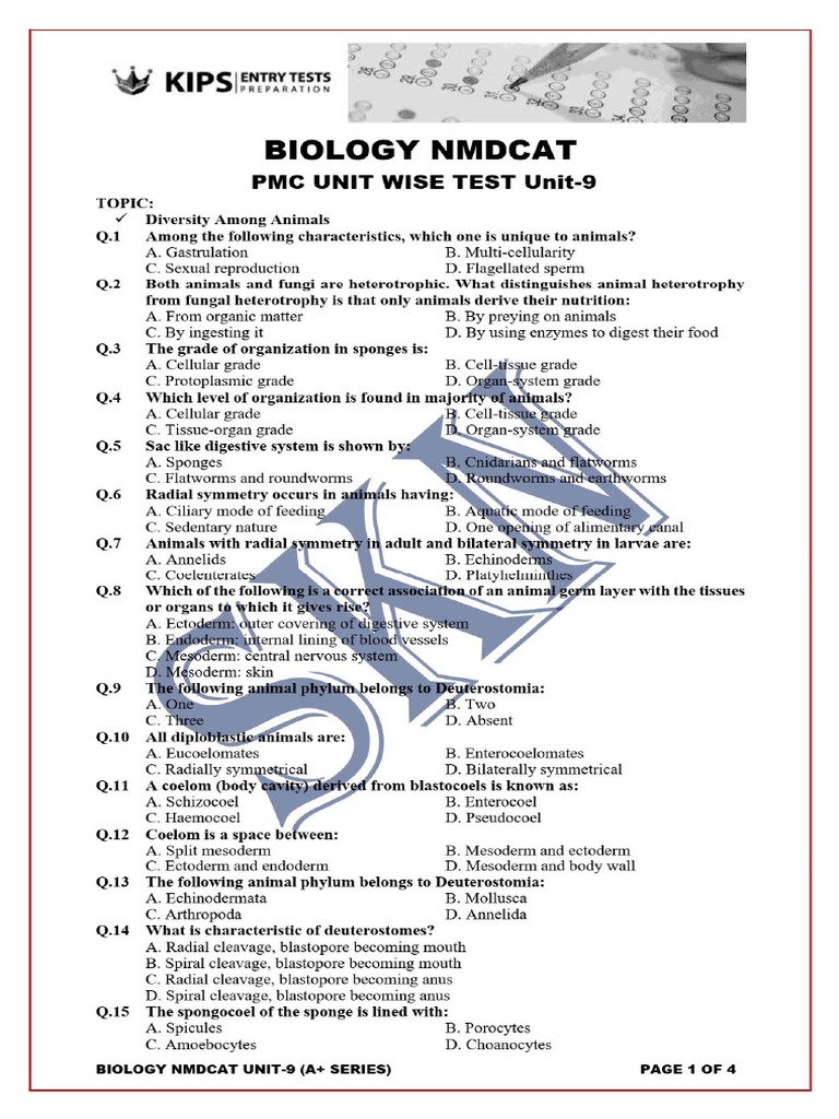 KIPS BIOLOGY UNIT 9 (Diversity Among Animals) CTS 1st SEP 2021 | PDF