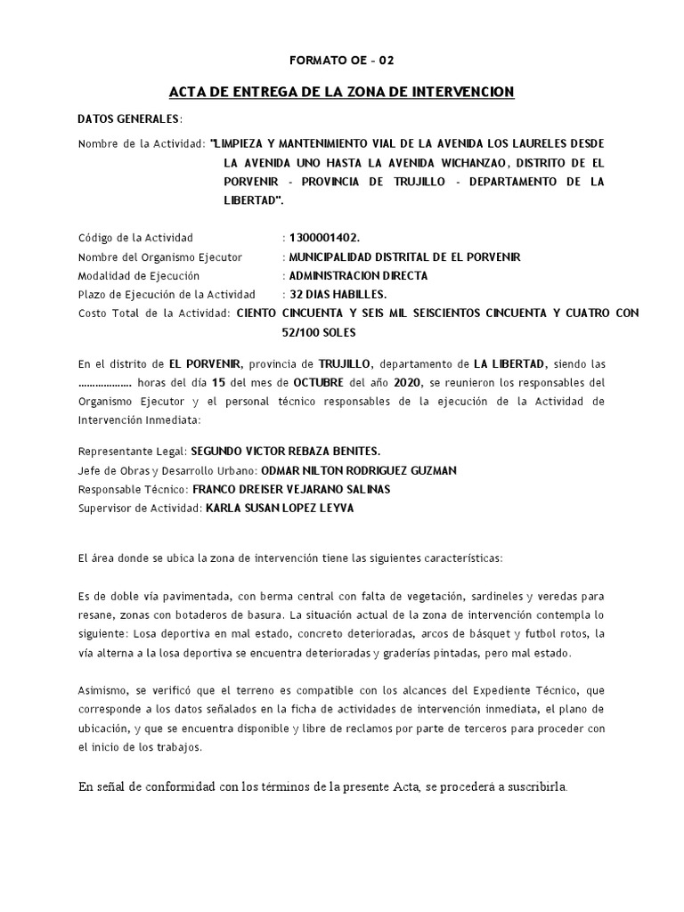 5.-ACTA DE ENTREGA Y ACTA DE INICIO Formatos (OE-02 Y 03) | PDF