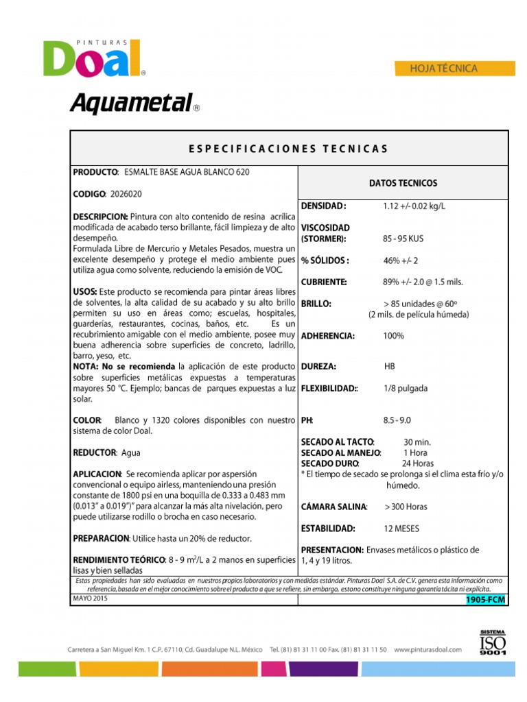 Hoja de Seguridad De: Esmalte Aquametal 620 Blanco, Marca Doal | PDF