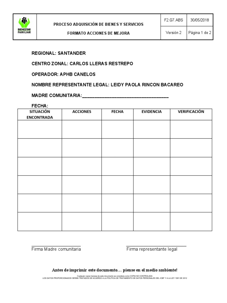 Formato F2.G7.ABS de Mejoras ICBF | PDF