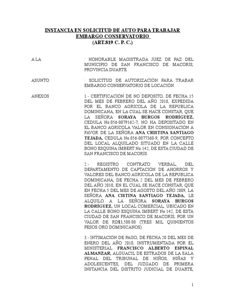 Instancia en Solicitud de Auto para Trabar Embargo Conservatorio | PDF ...