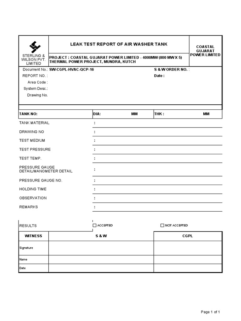 Leak Test Report for an Air Washer Tank at the Coastal Gujarat Power ...