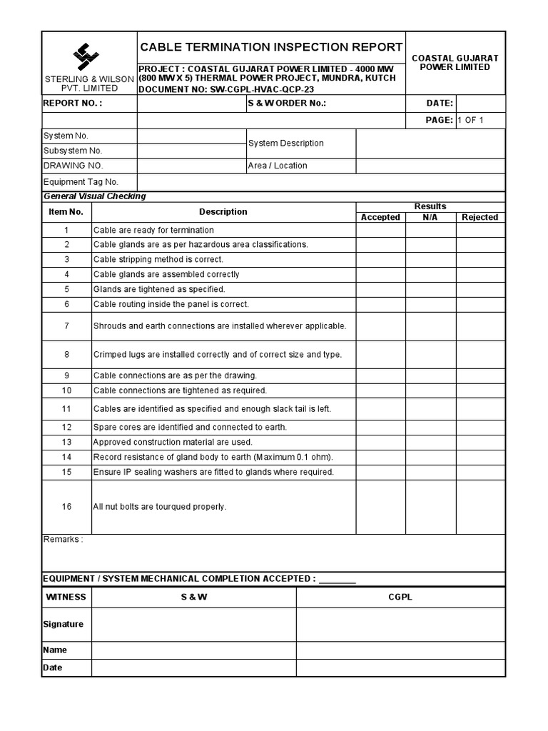 Cable Termination Inspection Report: General Visual Checking | PDF