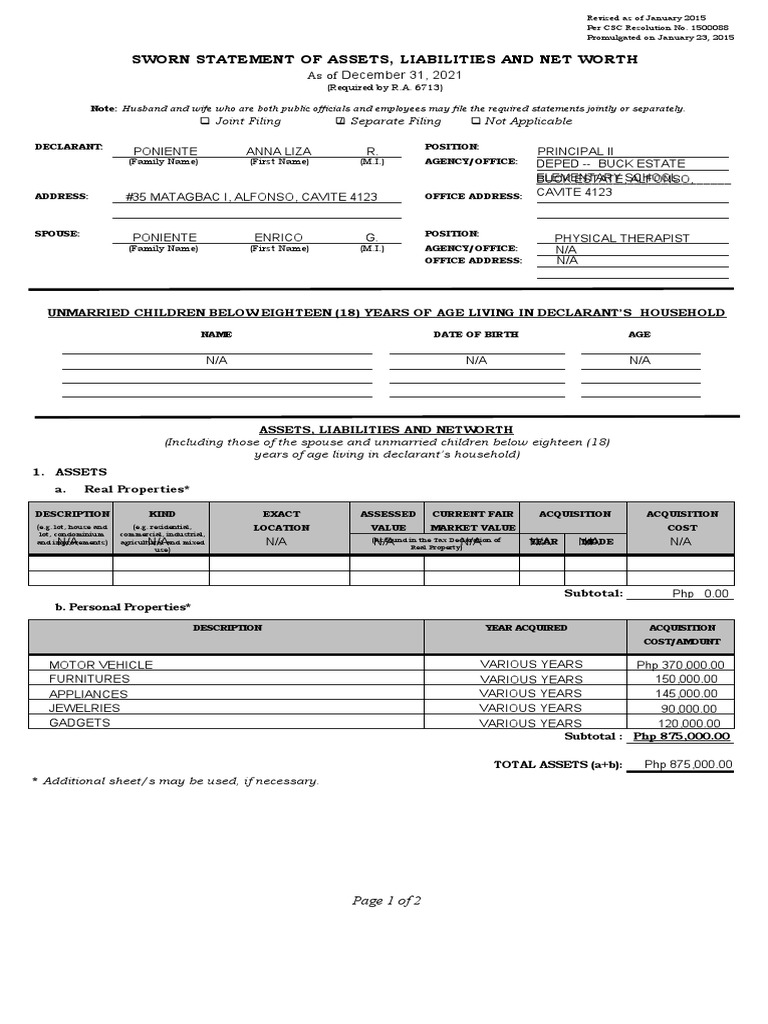 Sworn Statement of Assets and Liabilities | PDF | Net Worth | Economies