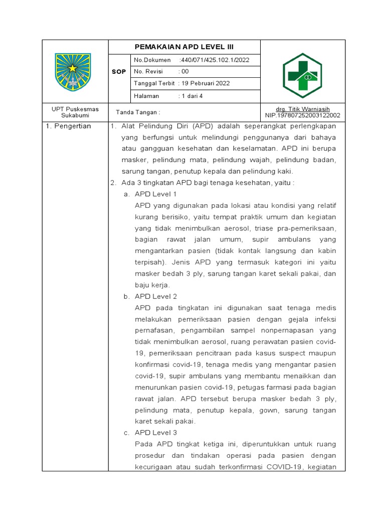 SOP Pemakaian APD Level 3 | PDF | Sains & Matematika | Teknologi & Rekayasa