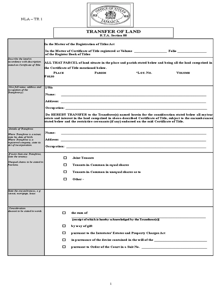 Transfer of Land: Nla - TR 1 | Download Free PDF | Concurrent Estate ...