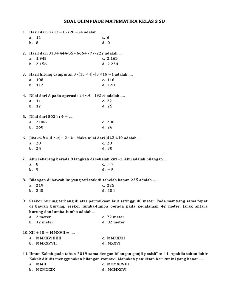 Soal Olimpiade Matematika Kelas 3 SD | PDF