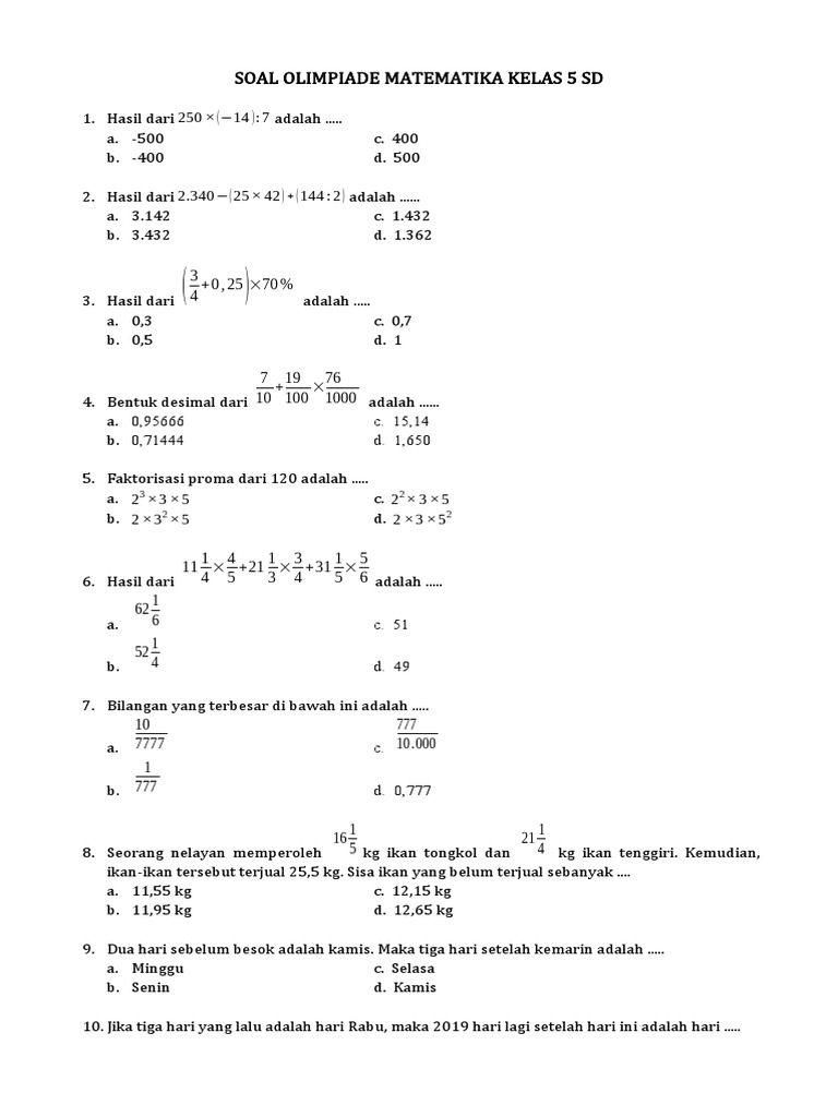 Soal Olimpiade Matematika Kelas 5 SD | PDF