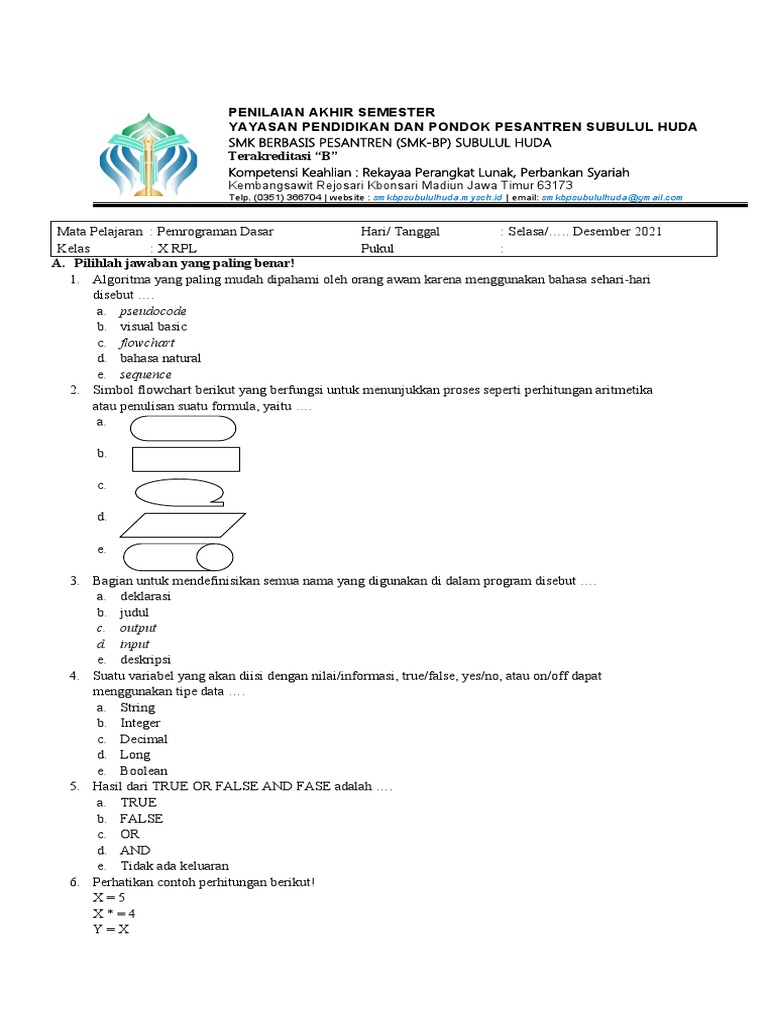 Soal PAS Pemrograman Dasar X RPL 2021 | PDF