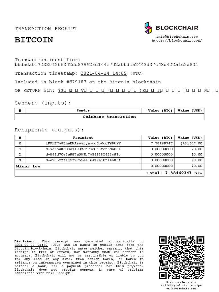 Bitcoin: Transaction Receipt | PDF