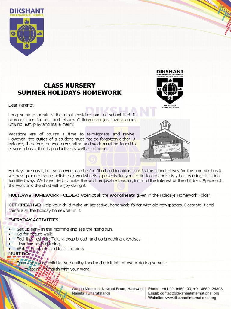 Class Nursery Summer Holidays Homework | PDF | Senses | Homework