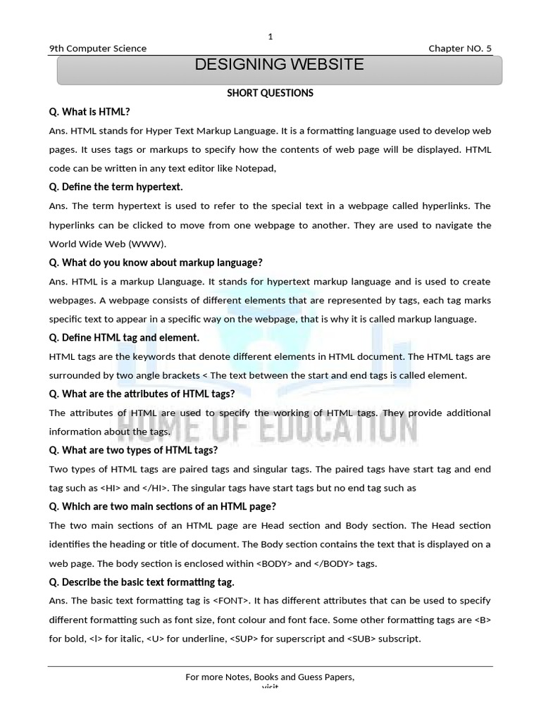 9th Class Computer Chapter No 5 Pdf Html Element Html 