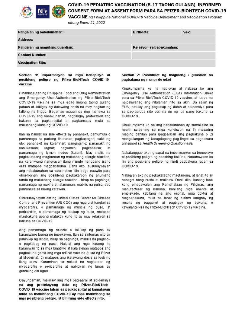 Informed Consent Form - PEDIA - Pfizer - Filipino - 012122 | PDF