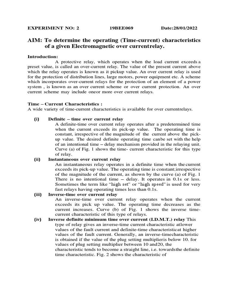 AIM: To Determine The Operating (Time-Current) Characteristics of A ...