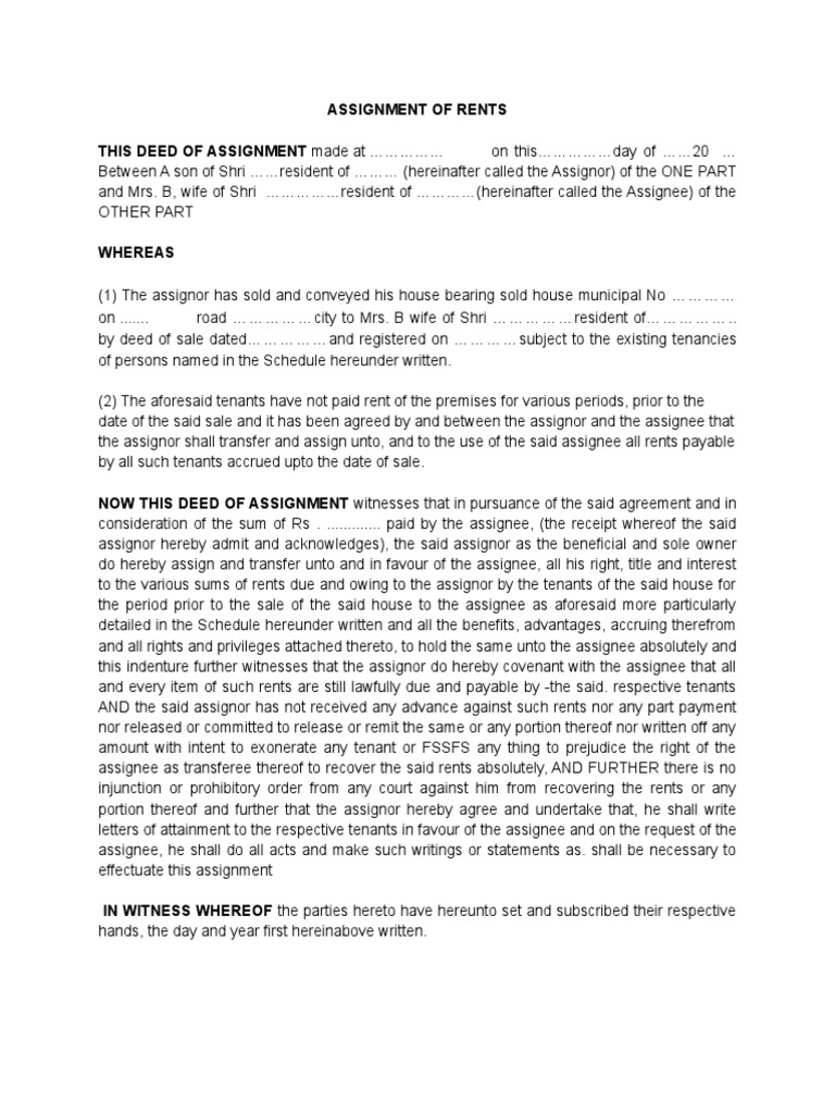 Assignment of Rents This Deed of Assignment Made at | Download Free PDF ...