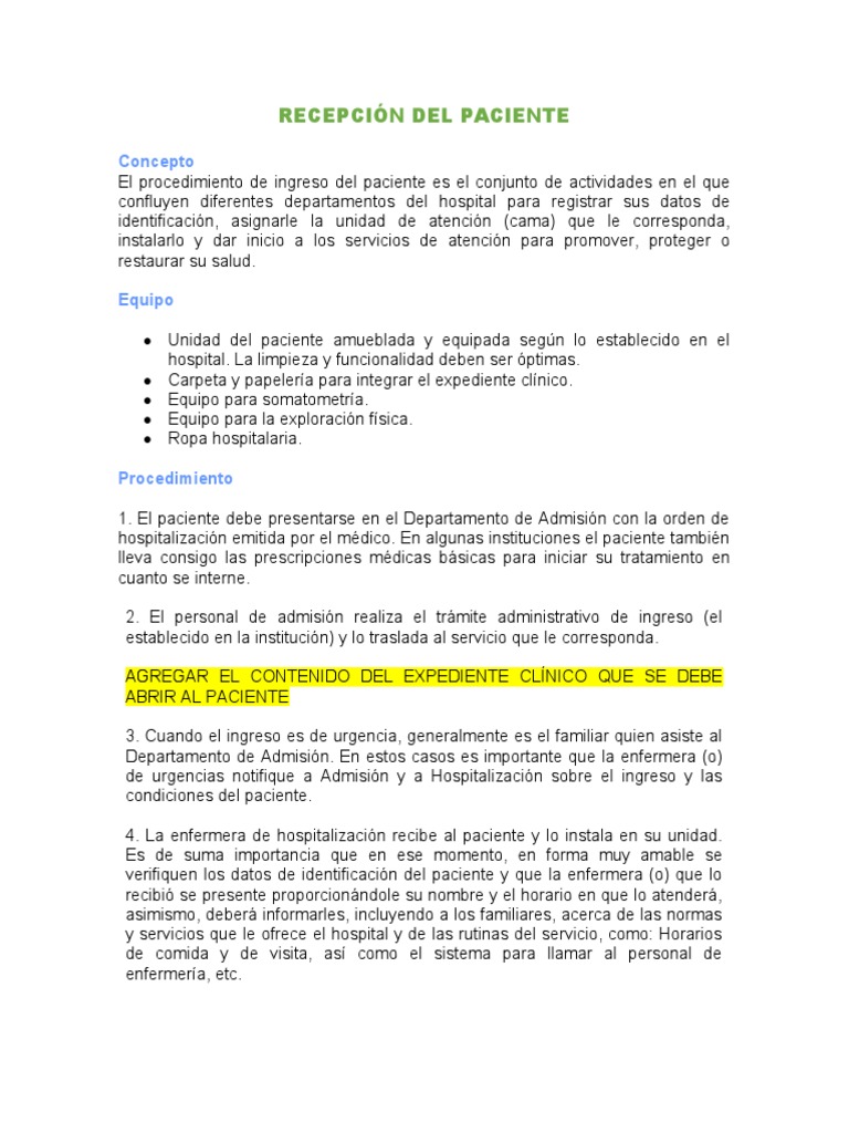 Recepción Del Paciente | PDF | Hospital | Enfermería